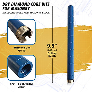 1-1/2" Dry Diamond Core Drill Bits for Brick, Block or Masonry, 9.5" Drilling Depth, 5/8"-11 Arbor