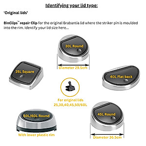 HARRY INDUSTRIES Binclips Repair clip/striker pin for Brabantia bin lid/Trash can lid (50/60L (36.5 Dia round lid with black lower rim))