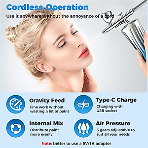 Airbrush Kit with Compressor, Portable Handheld Cordless Airbrush Gun with 0.3mm & 0.5mm Nozzle, Cordless Air Brush for Nails Art, Painting, Cake Decor, Cookie, Model, Makeup, Barber