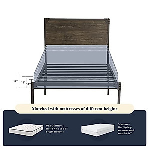 Allewie Twin Size Bed Frame with Wood Headboard, Metal Platform Frame with Strong Slats and Rivet Decoration, Easy Assembly, No Box Spring Needed, Noise Free, Brown