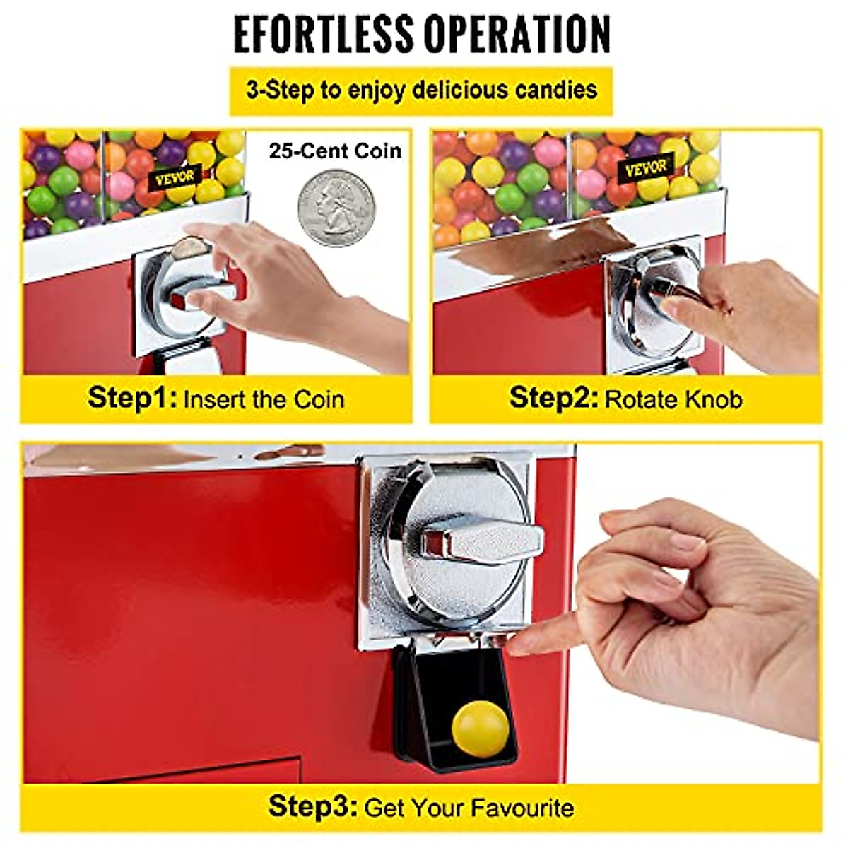 VEVOR Gumball Machine with Stand, Red Quarter Candy Dispenser, Rotatable Four Compartments Square Candy Vending Machine, PC & Iron Large Gumball Bank Adjustable Dispenser Wheels for 1 inch Gumballs