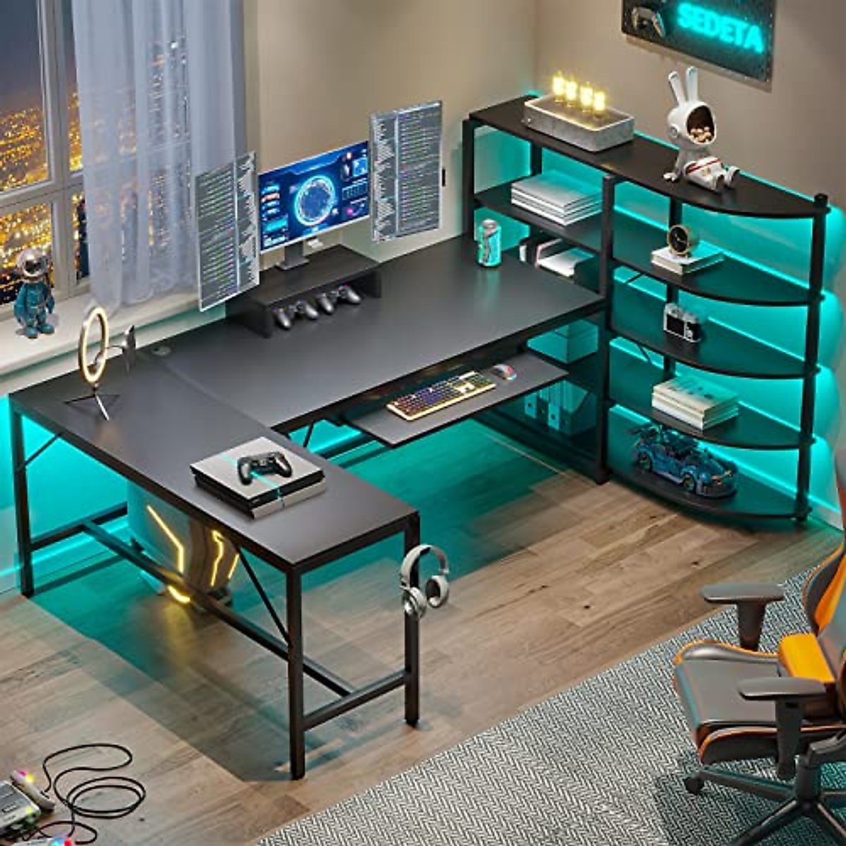 SEDETA  L Shaped Computer Desk, 63'' Corner Gaming Desk, Computer Desk with Storage Shelves, Keyboard Tray, Monitor Stand and Headphone Hook, Corner Gaming Desk with LED Lights, Black