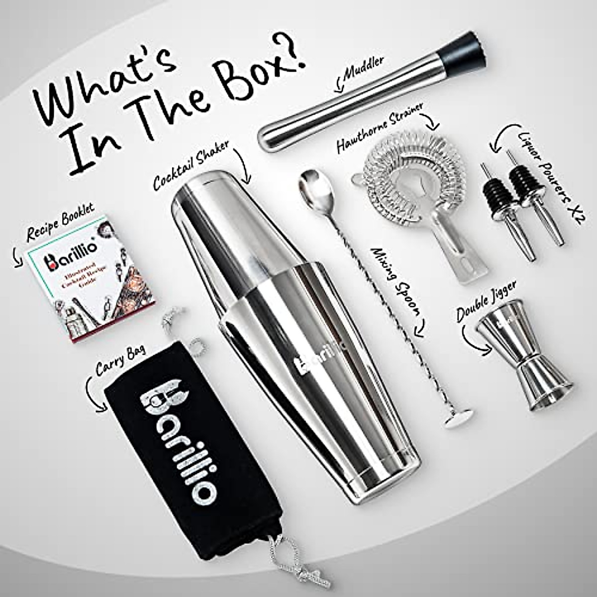 Boston Shaker Cocktail Shaker Set | Professional Bartender Kit with Weighted Martini Mixer, Hawthorne Strainer, Jigger, Mojito Muddler, Mixing Spoon & 2 Liquor Pourers……