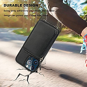 Bocasal RFID Blocking Wallet Case for iPhone 13 Pro Max, Adjustable Crossbody Zipper Purse Case Card Holder with Kickstand Detachable Wrist Strap, PU Leather Flip Folio Case 6.7 Inch 5G (Black)