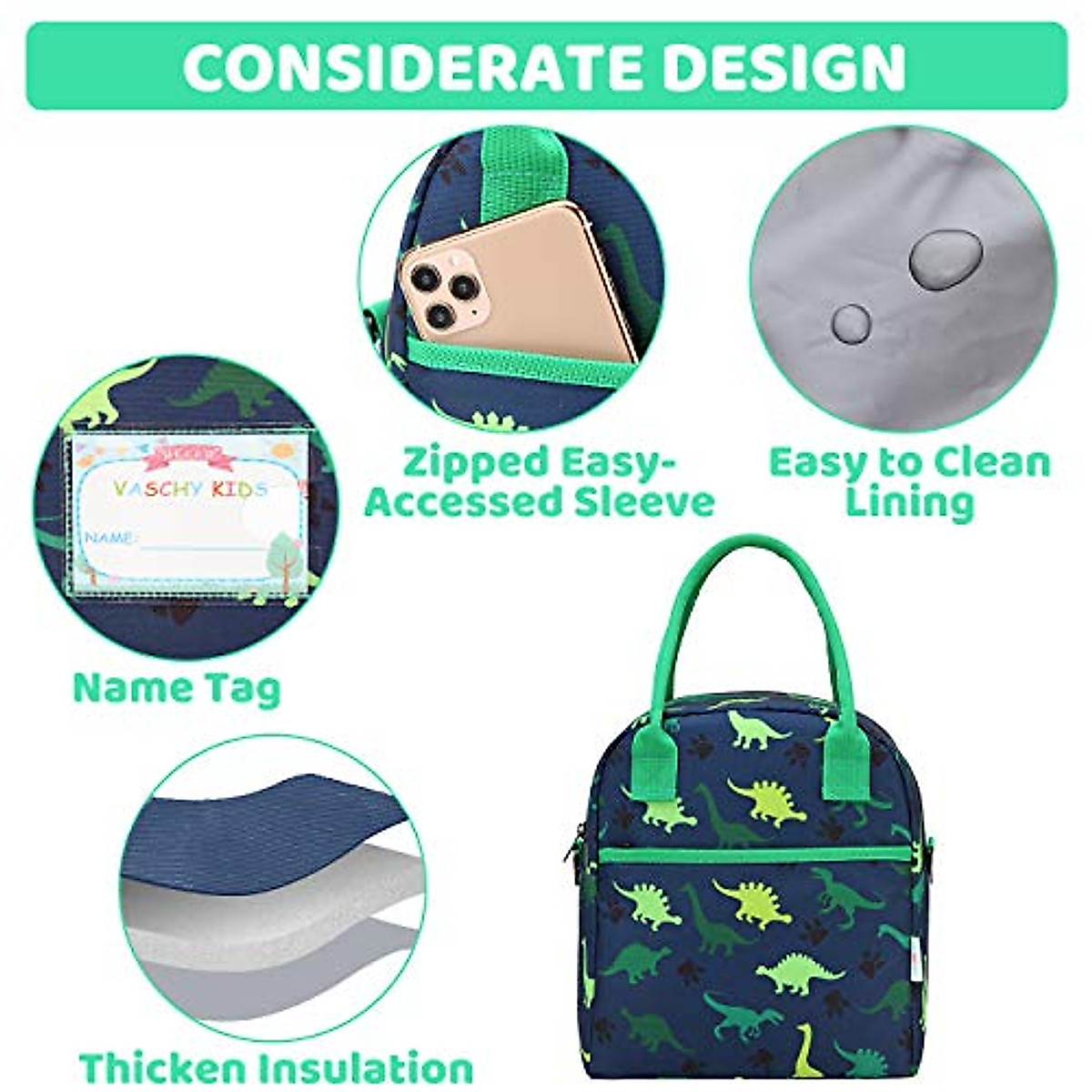 VASCHY Lunch Box Bag for Kids, Insulated Lightweight Lunch Box Tote for Toddler Boys and Girls School Daycare Kindergarten Dinosaur