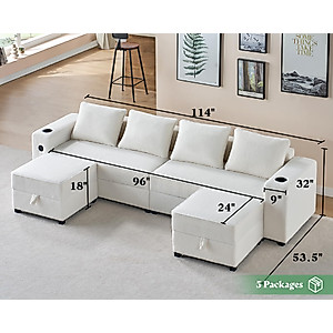 AMERLIFE 114 Inch Sectional Sofa,6 Seats Modular Sectional Sofa with Storage, U Shaped Couch with 2 USB Ports &Cup Holders, Ottomans, 4 Pieces Set White Bouclé Sofa Couch