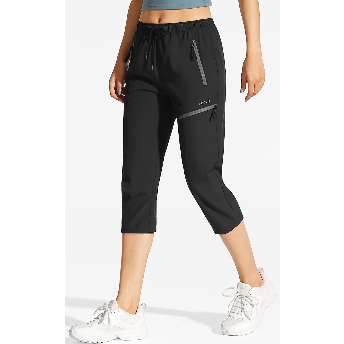 MOCOLY Women's Hiking Capris Pants Outdoor Lightweight Quick Dry Water Resistant UPF 50 Cargo Pants with Zipper Pockets Black M