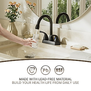 Phiestina Pull Down Sprayer Matte Black Bathroom Faucet，4 Inch Centerset 2 Handle Pull Out Bathroom Sink Faucet with 360 Swivel Spout，Metal Pop-Up Drain and Water Supply Lines，BF04007-B11-MB