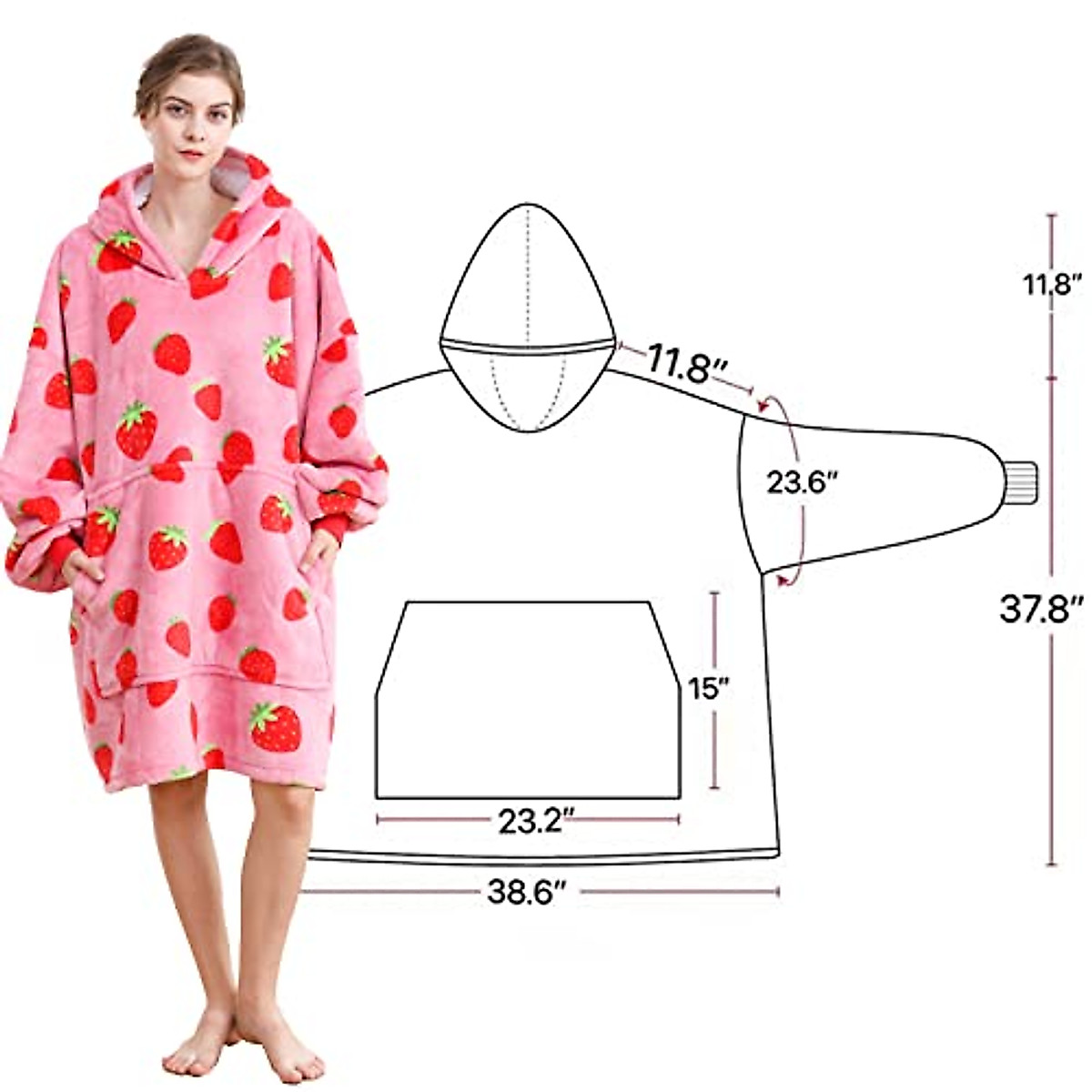 Blanket Hoodie Oversized Hoodie Oversized Blanket Hoodie,Premium Sherpa Fleece Oversized Hoodie Blanket Sweater Jacket with Giant Pocket,Super Cozy and Big Strawberry Blanket Hoodie for Women & Men