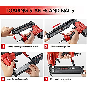 WORKPRO Pneumatic Brad Nailer, 18 GA, 2 in 1 Nail Gun and Crown Stapler, with 400pcs Nails/ 300pcs Staples, for Carpentry, DIY Project, Woodworking