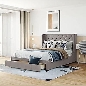 Prohon Upholstered Platform Bed with Wingback Headboard and 1 Big Storage Drawer, Velvet Tufted Bed Frame Queen Size, No Box Spring Needed, Easy to Install, Wooden Slats Support, Grey