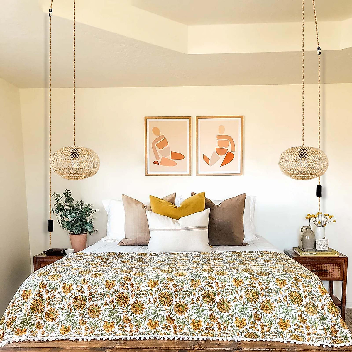 Plug in Pendant Light Rattan Hanging Lights with Plug in Cord, 15 FT Hemp Rope Cord Pendant Lamp Bamboo Lampshade, Farmhouse Industrial Boho Plug In Ceiling Light Fixture For Living Room Bedroom