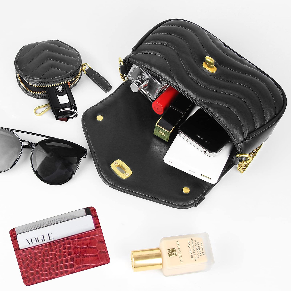 Small Quilted Crossbody Bags for Women Trendy Designer PU Leather Shoulder Bag with Coin Purse Sets Metal Chain Clutch (Black)