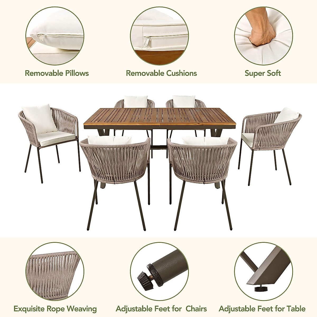 Modern 7 Pieces Patio Dining Set,Dining Table and Chairs, Acacia Wood Tabletop, Metal Frame,Outdoor Furniture Set for Garden, Backyard, Balcony (Beige/Rope1)