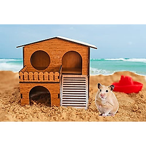 2 Storey Hamster House with Wide Door Small Animal Climbing Ladder Dwarf Hamster Small Pet Dwarf Hamster Cage Small Animal Hideout Easy Clean Wooden Hideaway, Brown