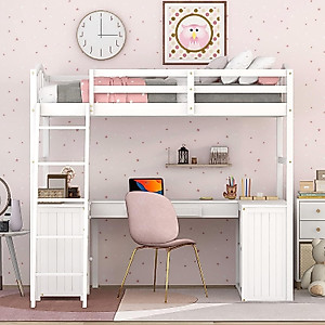 Harper & Bright Designs Twin Size Loft Bed with Desk, Wood Loft Bed Twin with Drawers, Cabinet, Shelves, Kids Loft Twin Bed with Desk and Storage for Girls Boys Teens,No Box Spring Needed,White