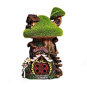 ASAWASA Fairy Houses for Gardens with Solar LED Light,Indoor Outdoor Décor Garden Lighting Figurines for Patio Lawn Yard(Flocked Mushroom House)