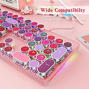 HUO JI Mechanical Gaming Keyboard Typewriter Style with RGB Side Lit and Rainbow Backlit, Retro Style, Blue Switches - Clicky, Metal Panel, Lipstick 104 Keys USB Wired for Mac, PC, Cute Pink