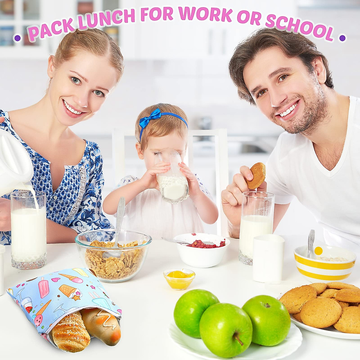 Chumia 6 Pieces Reusable Snack Sandwich Bags School Lunch for Kid Students Adults Large Snack Pouch Zipper Cartoon Washable Bags for Food 7 x 7 Inch