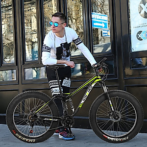 Fat Tire Mountain Bike, 26'' 21 Speed Outdoor Snow Beach Hybrid MTB Racing Bikes for Adult Women Men, Comfort Complete Cruiser Bicycle, Lightweight City Commuter Road Cycling, Dual Disc Brakes (N)