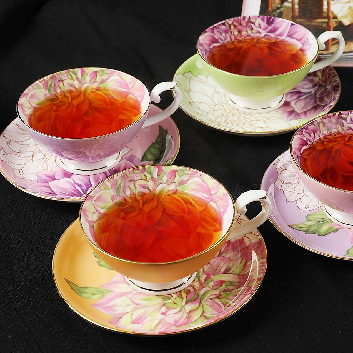 PULCHRITUDIE Fine Bone China Teacup and Saucer Set, English Teasets, Floral Design with Golden Rim, 8oz Cup, Set of Four