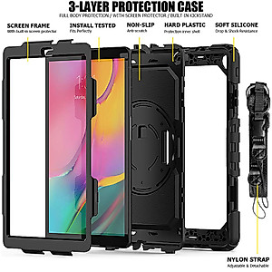 Samsung Galaxy Tab A 10.1 Case 2019 | Herize SM-T510/T515 Shockproof Rugged Protective Case Cover with Built-in Screen Protector, 360 Stand,Hand Strap& Shoulder Strap for Galaxy Tab A 10.1 Inch-Black