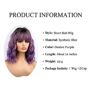 Haoland Purple Wig With Bangs for Women 14” Short Bob Wavy Wig Heat Resistant Colored Wigs Synthetic Wig for Daily Party Use Cosplay (Purple)