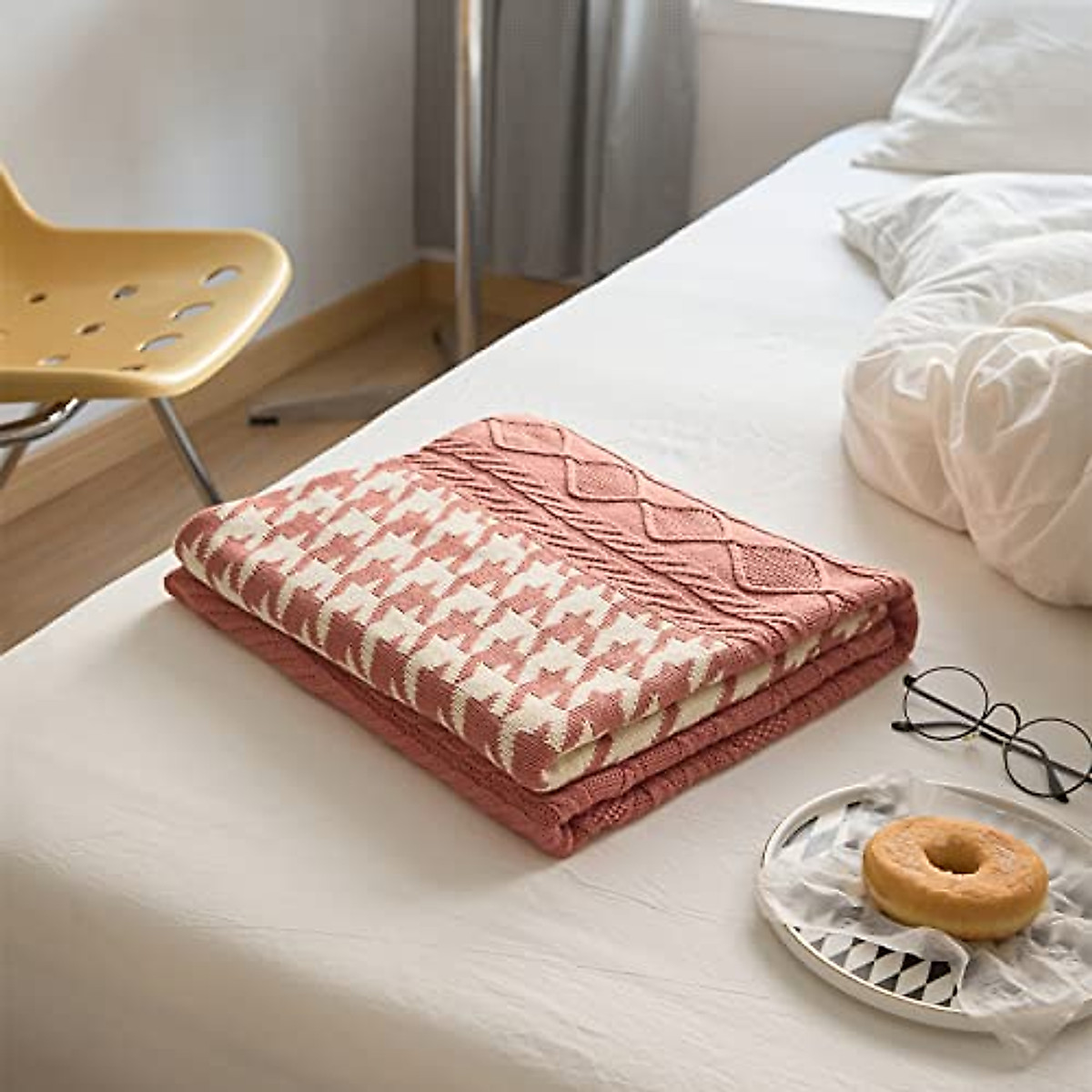 GunziStreet Luxurious Pure Cotton Knitting Throw Blanket Houndstooth Thousand-Bird Pattern Splicing Nordic Style Soft Warm Home Decor for Bed Couch Bedroom (Red Ruby, 51x63)