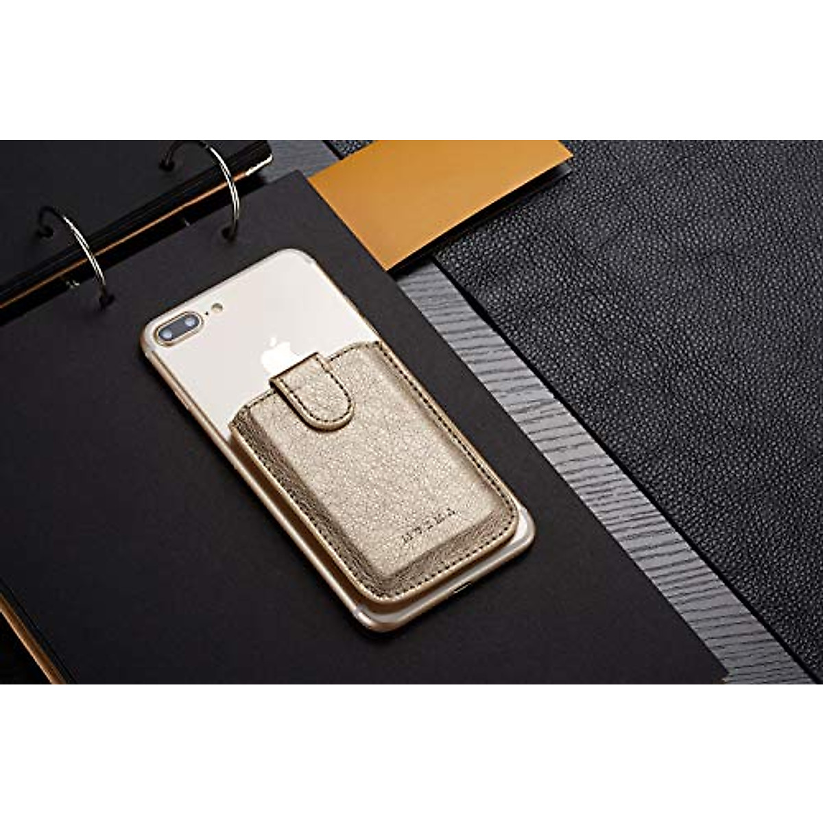 MUMUGUO Card Holder for Back of Phone,Pu Leather RFID Blocking 5 Pull Credit Card Cash Cell Phone Wallet Pocket Stick on Back iPhone(Gold)