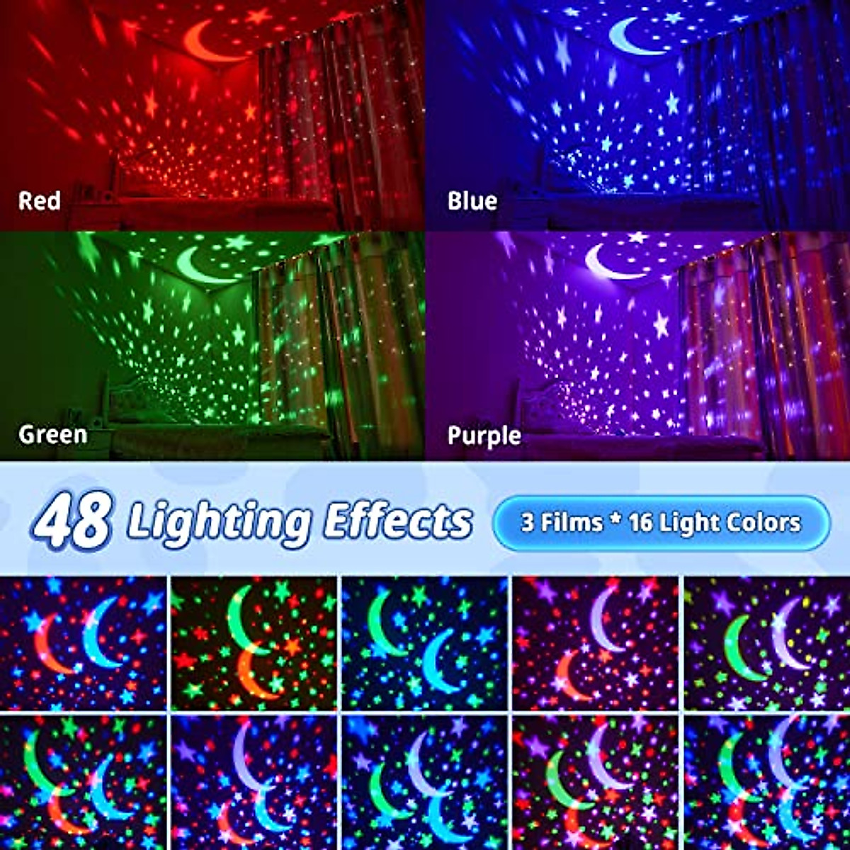 One Fire Night Light for Kids, 48 Lighting Modes Star Lights for Bedroom, 360° Rotating+3 Films Baby Night Light Projector, USB Rechargeable Kids Night Lights for Bedroom, Star Lights for Room Decor