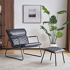 Tiophome Accent Chair and Ottoman Set, PU Leather Upholstered Comfy Side Leisure Lounge Armchair with Metal Frame & Lattice Back, Footstool for Living Room, Black, Extra Large