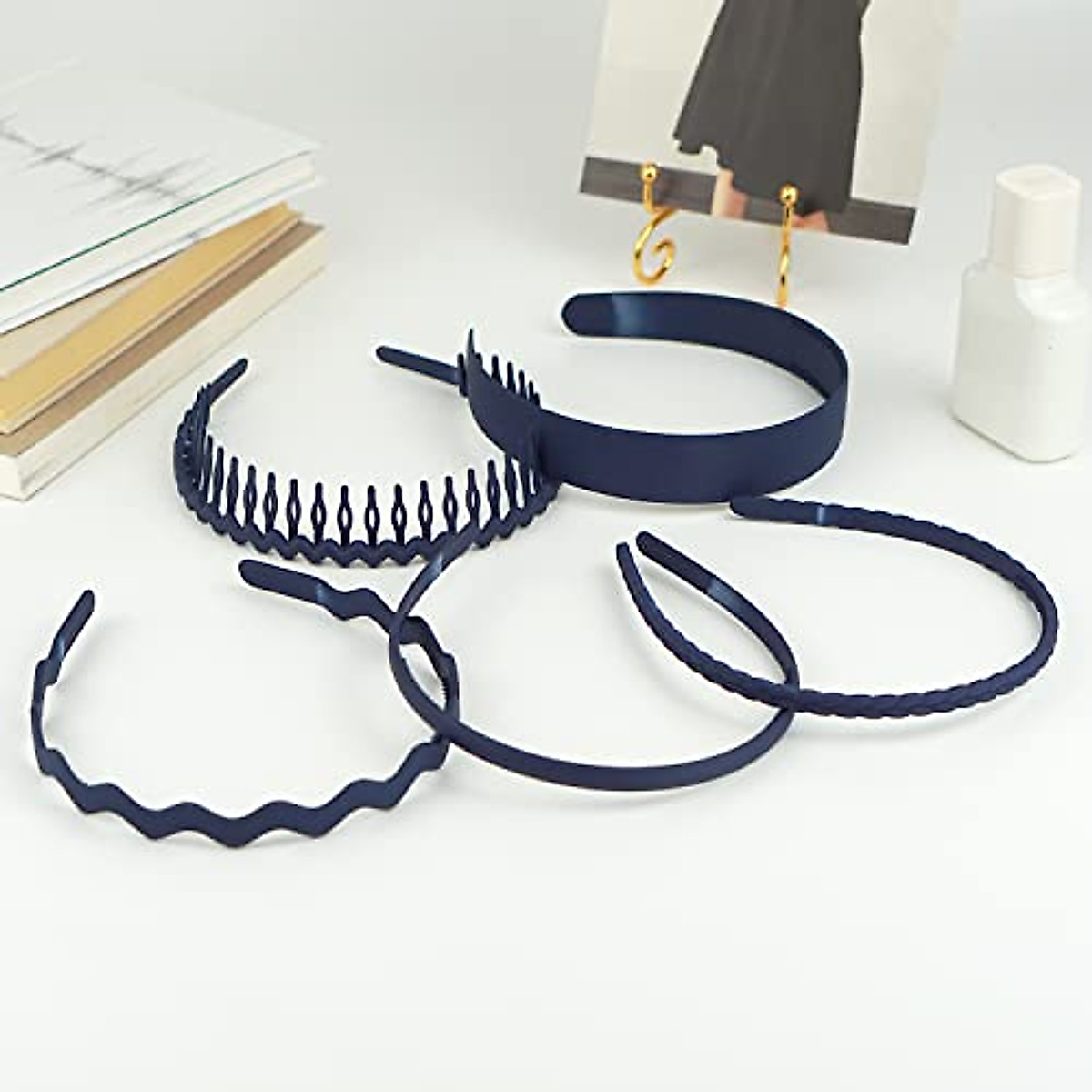 Xiaocao8 5PCS Non Slip Plastic Headbands for Women and Girls Wide Head Bands with Teeth Black Blue White Coffee Pink Green Hair Bands (Navy)