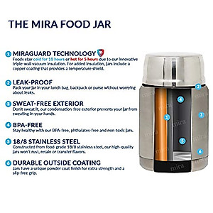 MIRA Thermos for Hot Food & Soup - 15 oz Insulated Food Jar with Foldable Spoon - Leak Proof Stainless Steel Thermal Storage Lunch Container, Canteen, Double Walled, Black