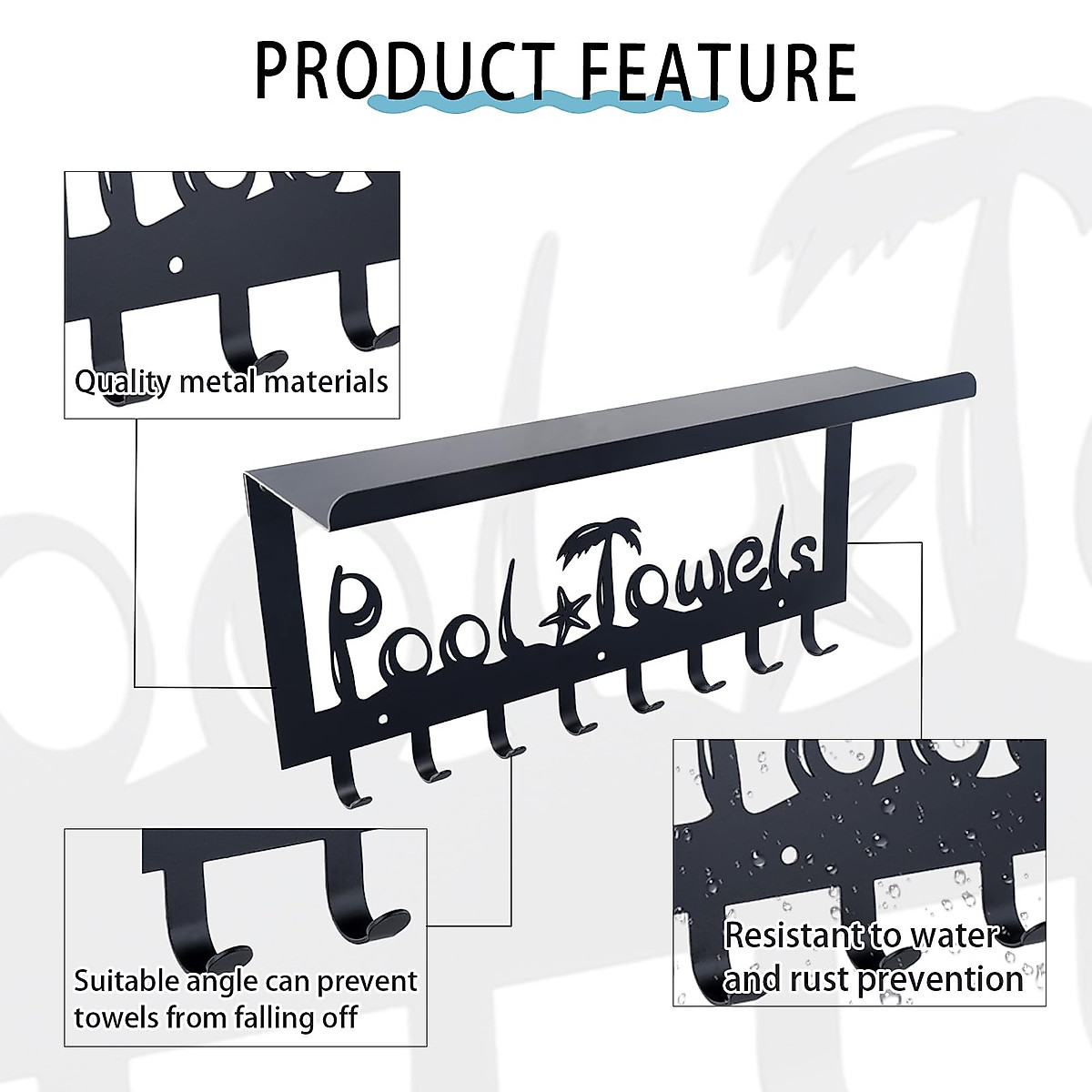 OYEFLY Pool Towel Rack,Wall Mount Towel Hooks Towel Holder with 8 Hooks,Pool Area Outside Sign (Black with Shelf, 16.1in)