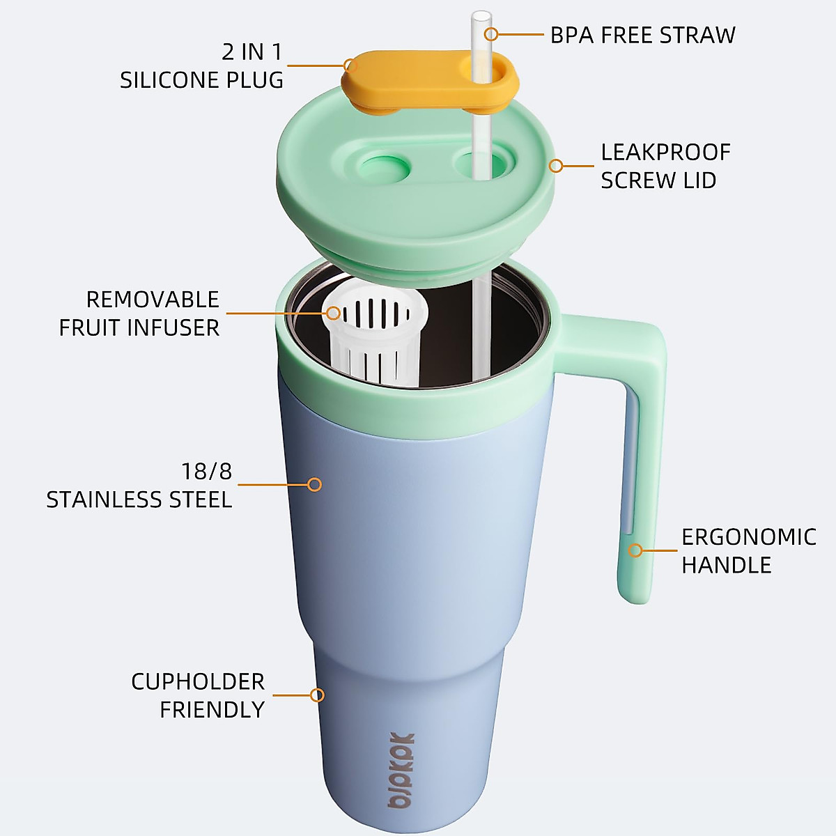 BJPKPK Insulated Tumblers With Handle And Straw 40oz Stainless Steel Travel Coffee Mug Tumbler Cups With Lid And Fruit Infuser,Sky Blue