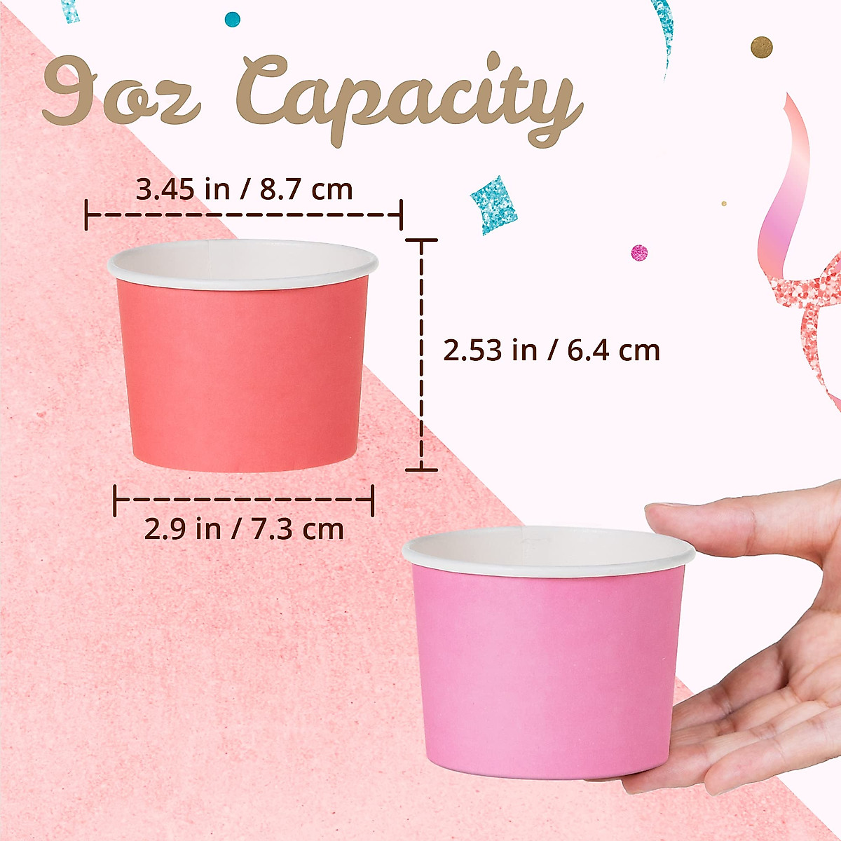 MATICAN Paper Ice Cream Cups, 50-Pack 9-oz Disposable Dessert Bowls for Hot and Cold, 9-ounce, Hot Pink, Baby Pink, Mint, Yellow, Blue