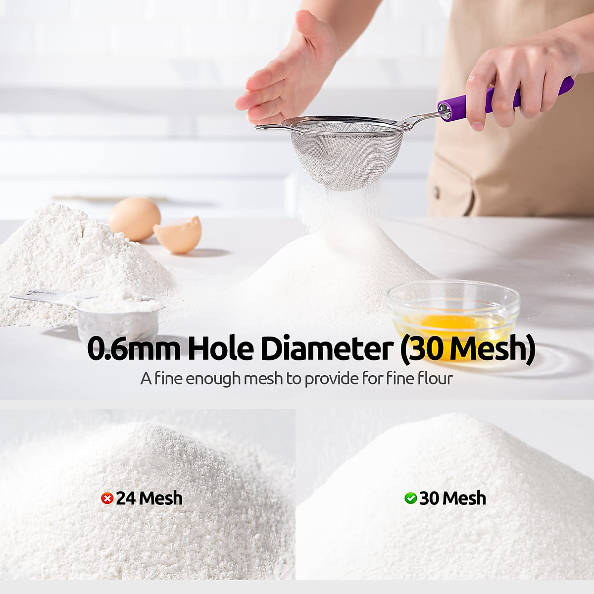 18/8 Stainless Steel Mesh Strainer: U-Taste 3.9 Inch Kitchen Fine Mesh Sieve Food Colander with Riveted Sturdy Silicone Handle and 30 Mesh Hole for Straining Flour, Quinoa, Tea, Juice (Purple)