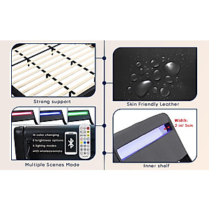 Gustonhon King Size Modern Upholstered Platform Bed Frame with RGB LED Lights Leather Headboard,Faux Leather Wave-Like Low Bed Frame,Strong Wood Slats Support, Easy Assembly(Black, King)