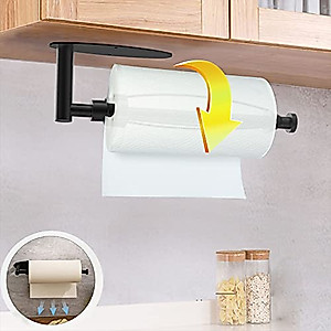 Paper Towel Holder Under Cabinet Wall Mount Paper Towel Holders with Damping Black Stainless Steel Kitchen Under Counter Hanging Paper Towels Rack with Self-Adhesive and Screws