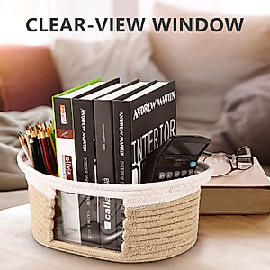 Zannaki Woven Storage Basket, 2 Pack Cotton Rope Baskets, Decorative Organizer Bins with Carry Handles Clear-View Window for Closet, Baby Nursery Blanket, Little Toy, Makeup, Books, Towels, Gadgets