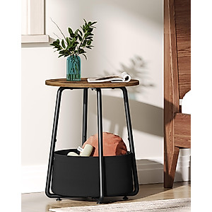 CHOEZON Round Side Table, Small End Table with Fabric Storage Basket, 2-Tier Bedside Table, Round Nightstand, for Small Space, Living Room, Bedroom, Nursery, Rustic Brown and Black TBZ03BF