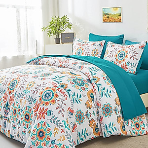 DHSFKBE Boho Comforter Set Twin - 5 Pieces Bed in a Bag Floral Medallions Design, Bohemian Comforter Set with Sheets, Soft Microfiber Complete Bedding Sets All Season (Teal Blue, Twin)