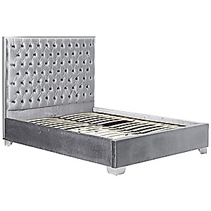 Meridian Furniture Lexi Collection Modern | Contemporary Velvet Upholstered Bed with Deep Tufting, Polished Chrome Stainless Steel Frame and Legs, Queen, Grey