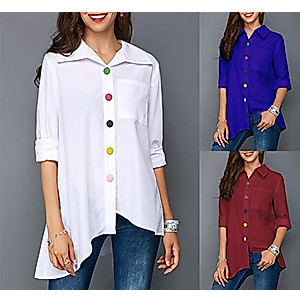 Andongnywell Womens Roll up Sleeve Irregular Hem Button Shirts Pullover Stretch Formal Casual Shirt Blouse (Blue,8,5X-Large)