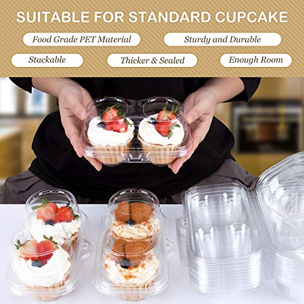 HIMETSUYA 2 Cavity Cupcake Boxes-Stackable Regular Cupcake Carrier Holder, Thicker Clear Cupcake Boxes, Non-slip High Topping Cupcake Containers for Cupcakes, Muffins (50)