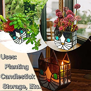 Tiffany Cute Cat Stained Glass Flower Pots,Indoor and Outdoor Plant Displays,Cat Plant Planter,Candle Holder Container Decoration 4.6 x 5.15 x 2.3 inch(Without Succulents)