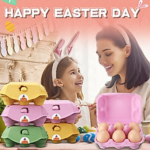 24 Pcs Easter Colorful Pulp Paper Egg Cartons with 24 Pieces Stickers Egg Tray Holder Reusable Egg Box Half Dozen Storage Containers Baskets for Farm Family Travel, 3 Colors