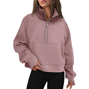AUTOMET Womens Sweatshirts Half Zip Cropped Pullover Fleece Quarter Zipper Hoodies 2024 Fall Fashion Outfits Clothes DarkPink Medium
