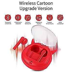 Kids BT Earbuds with Charging Case, Cute Little Devil Cartoon Earphones, Bluetooth 5.0 TWS HiFi Stereo Sound Noise Reduction Waterproof Sport Headphones for Boys/Girls, Built-in Mic(Red)
