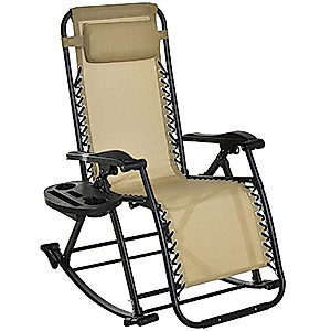 Outsunny Outdoor Rocking Chairs, Foldable Reclining Zero Gravity Lounge Rocker w/Pillow, Cup & Phone Holder, Combo Design w/Folding Legs, Beige
